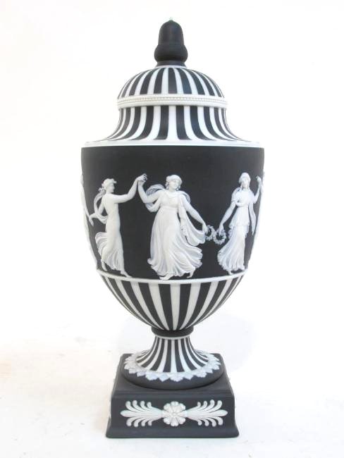 Wedgwood Black & Whte Jasperware Engine Turned Urn
