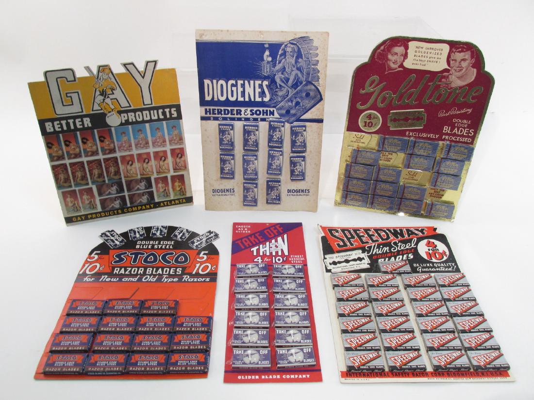 Six Vintage Cardboard Safety Razor Blade Displays