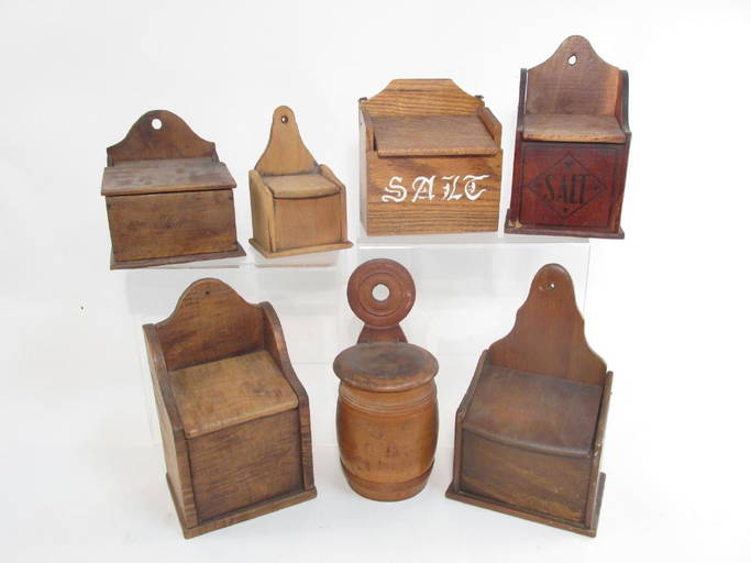 Seven Antique Wooden Salt Boxes