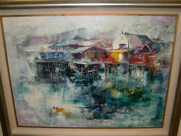 315: LARGE OIL ON BOARD DOCKSIDE SIGNED Y S LIM