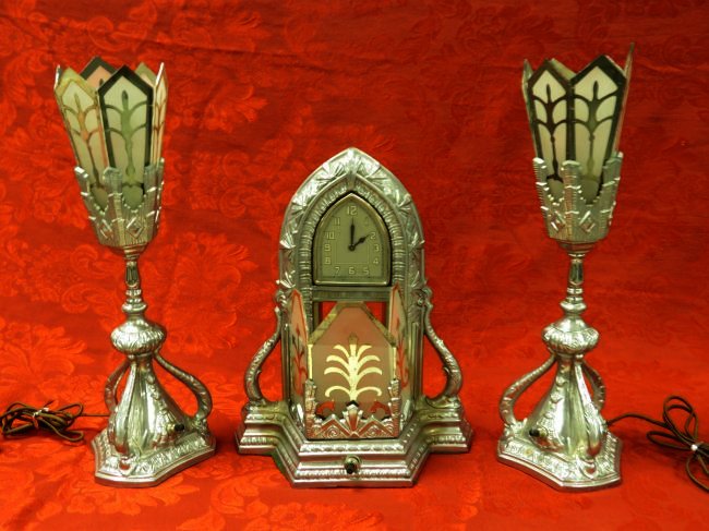 Art Deco Cast Aluminum Clock & Garnitures