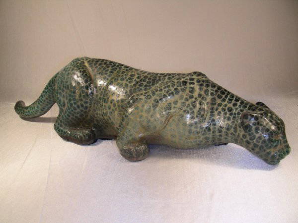 Lg Artist Signed Ceramic Crouching Leopard Figure