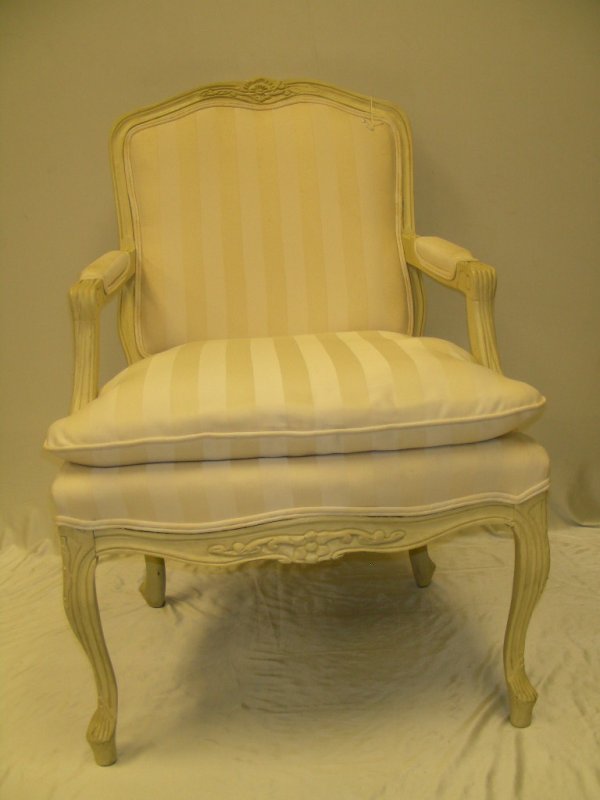 635: FRENCH STYLE BERGER CHAIR W/CREAM STRIPE FABRIC