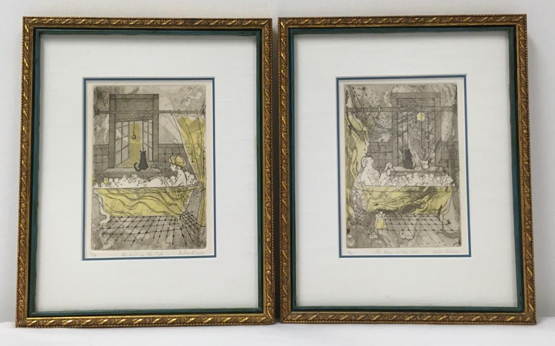 Two Helen Kunic Aquatint Etchings: In The Tub