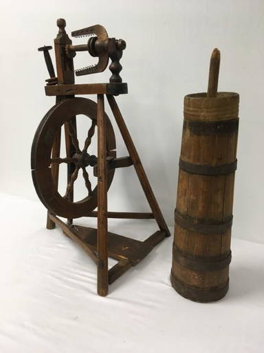 Antique Wooden Spinning Wheel & Butter Churn