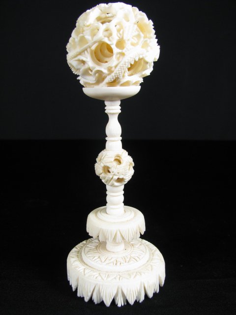 1187: CARVED CHINESE IVORY MYSTERY BALL w STAND 2pcs