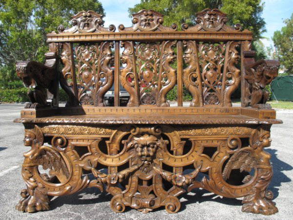 Ornate Antique Carved Bench Masks Caryatids