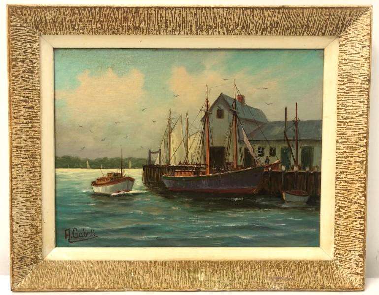 Alfred Gabali Oil On Canvas Board Painting: Wharf.