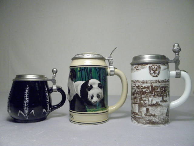 Three Porcelain & Pewter Beer Steins