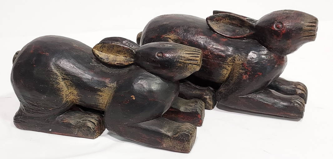 Two Antique Primitive Hand Carved Wood Rabbits