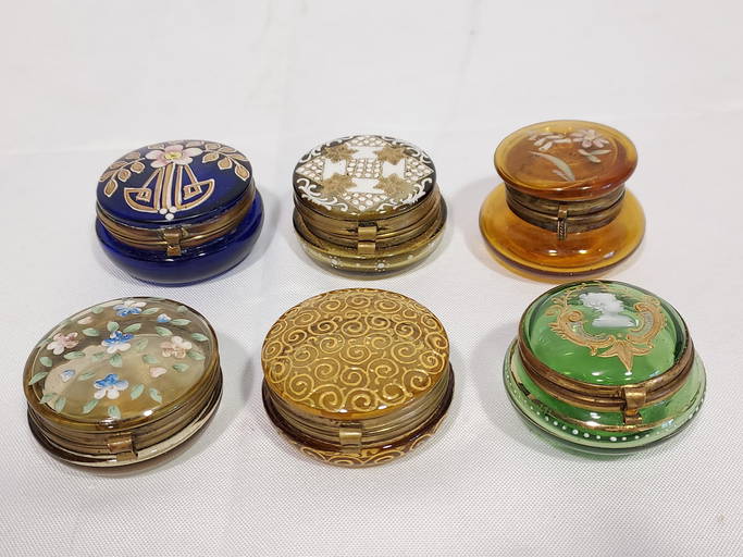 Six Antique Enameled Glass Patch / Pill Boxes