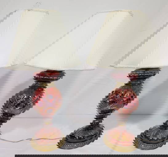 Pr Monumental Cut Ruby Overlay Glass Table Lamps