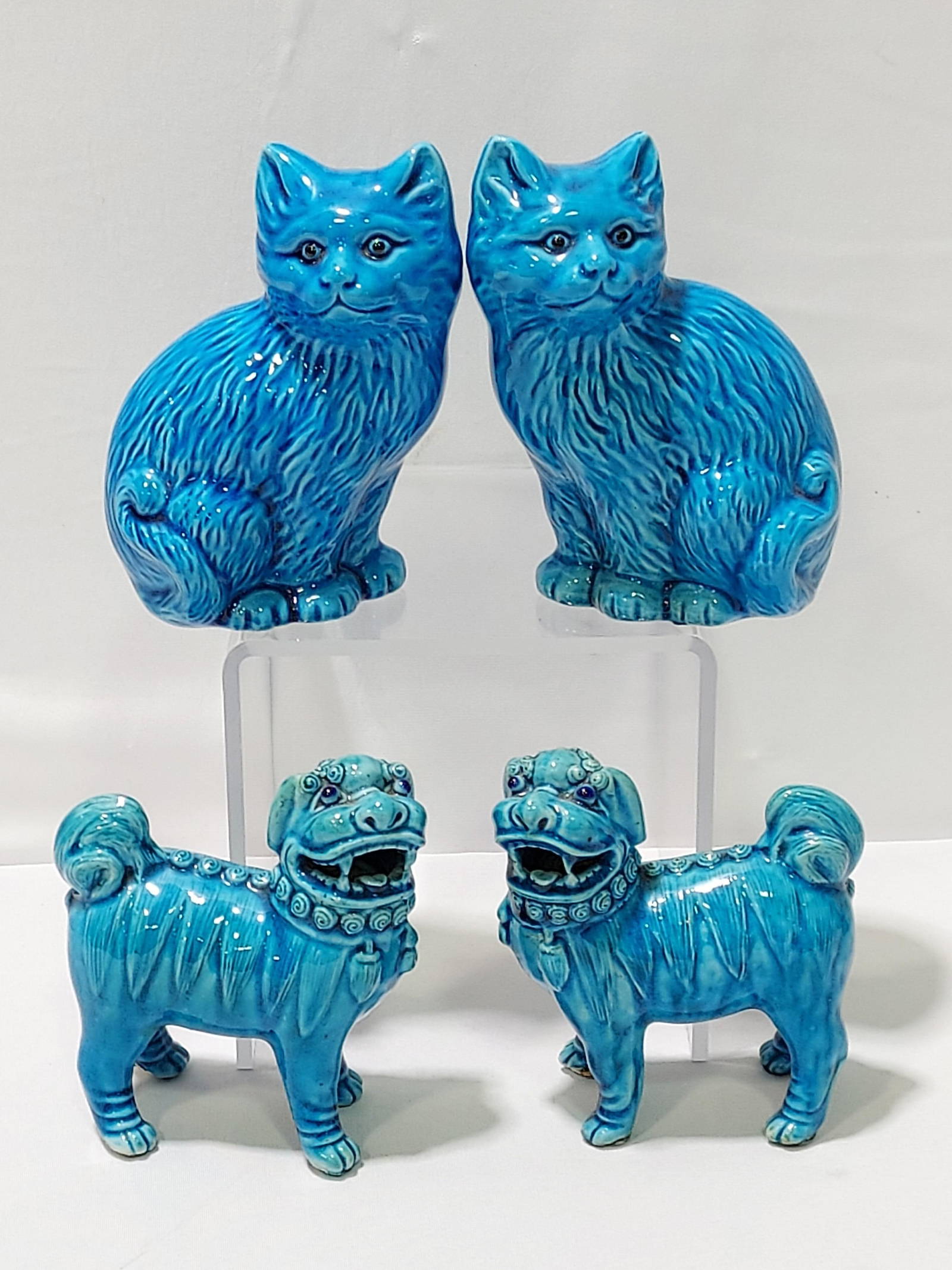 Pair Chinese Turquoise Glazed Cats & Foo Dogs Auction