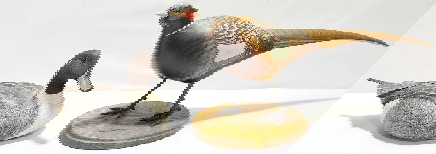 Two Carved Wood Decoys: Chris Olson Pheasant Etc