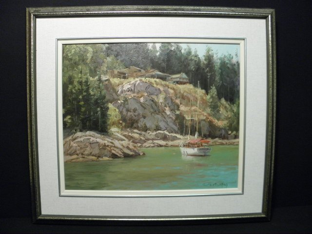 GEORGE BATES OIL ON CANVAS PAINTING: "EAGLE HARBOUR"