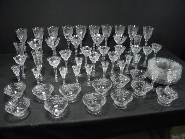 TIFFIN "BYZANTINE" ETCHED CRYSTAL STEMWARE & PLATES: 65