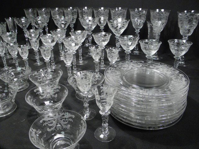 TIFFIN "BYZANTINE" ETCHED CRYSTAL STEMWARE & PLATES: 65 : Lot 403