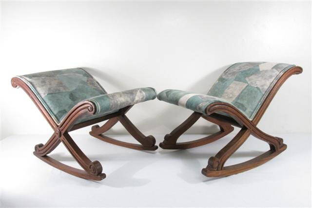 Pair Carved Walnut Upholstered Gout Stools/rockers