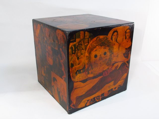 OUTSIDER ART: DECOUPAGE CUBE 18" X 18" X 18"