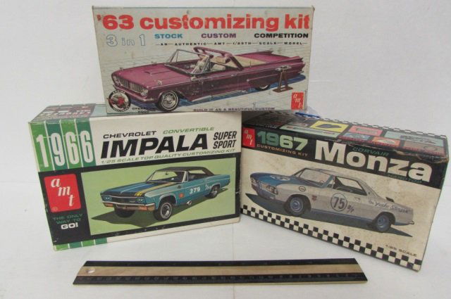 3 VINTAGE PLASTIC CAR MODEL KITS 1967 CORVAIR MONZA
