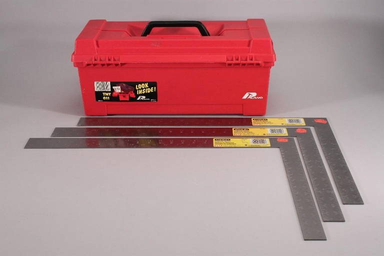 Plano Tool Box & Stanley Carpenter Squares (4)