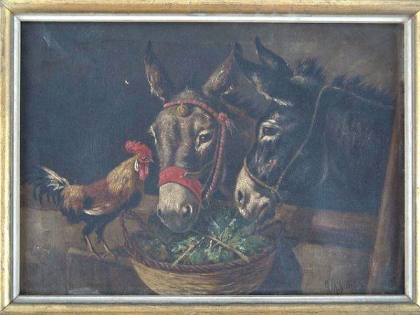 2123: 19TH C BARNYARD SCENE OIL ON CANVAS BY G. MILONE