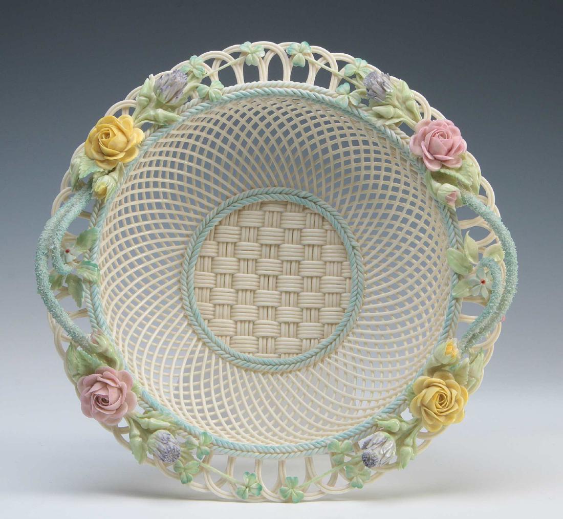 Two Irish Belleek Porcelain Four Strand Baskets