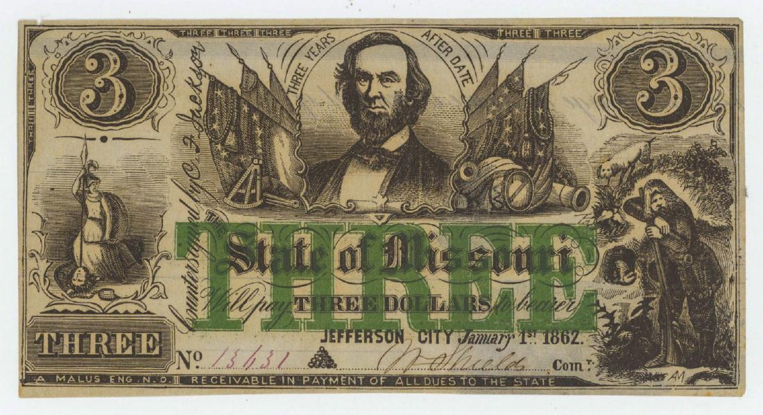1863 MISSOURI CONFEDERATE THREE DOLLAR NOTE