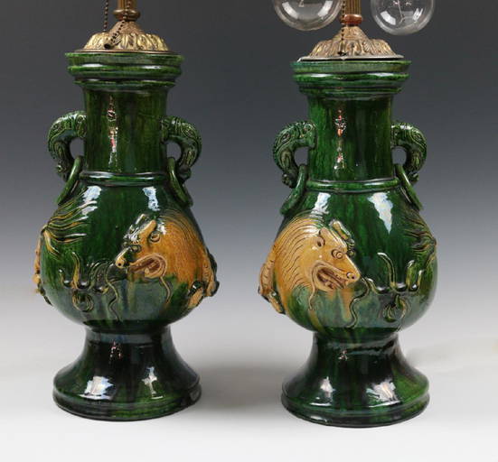 Pair Large Japanese Awaji Pottery Vases, As Lamps