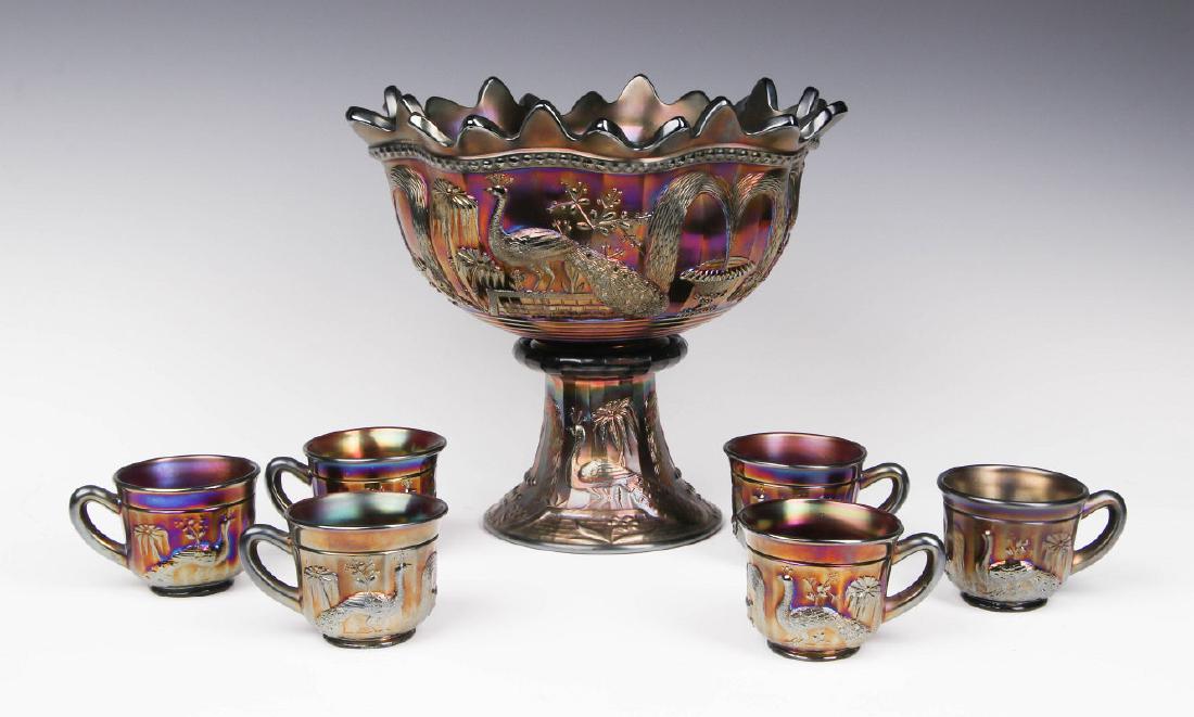 A Northwood Peacock At Fountain Punch Bowl Set