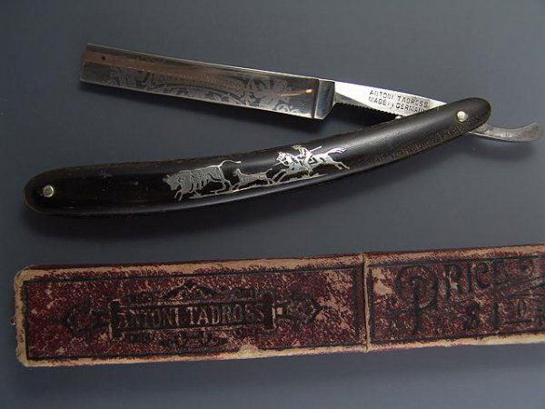 Antq Straight Razor With Roping Cowboy Overlay
