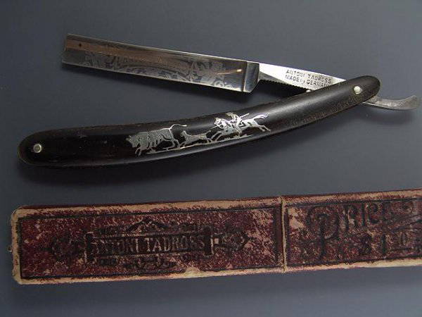 Antq Straight Razor With Roping Cowboy Overlay