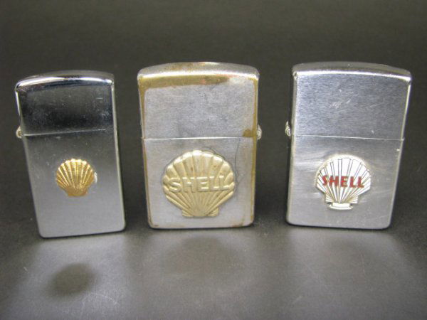 36: 3 VINTAGE SHELL OIL LIGHTERS, TWO ZIPPO