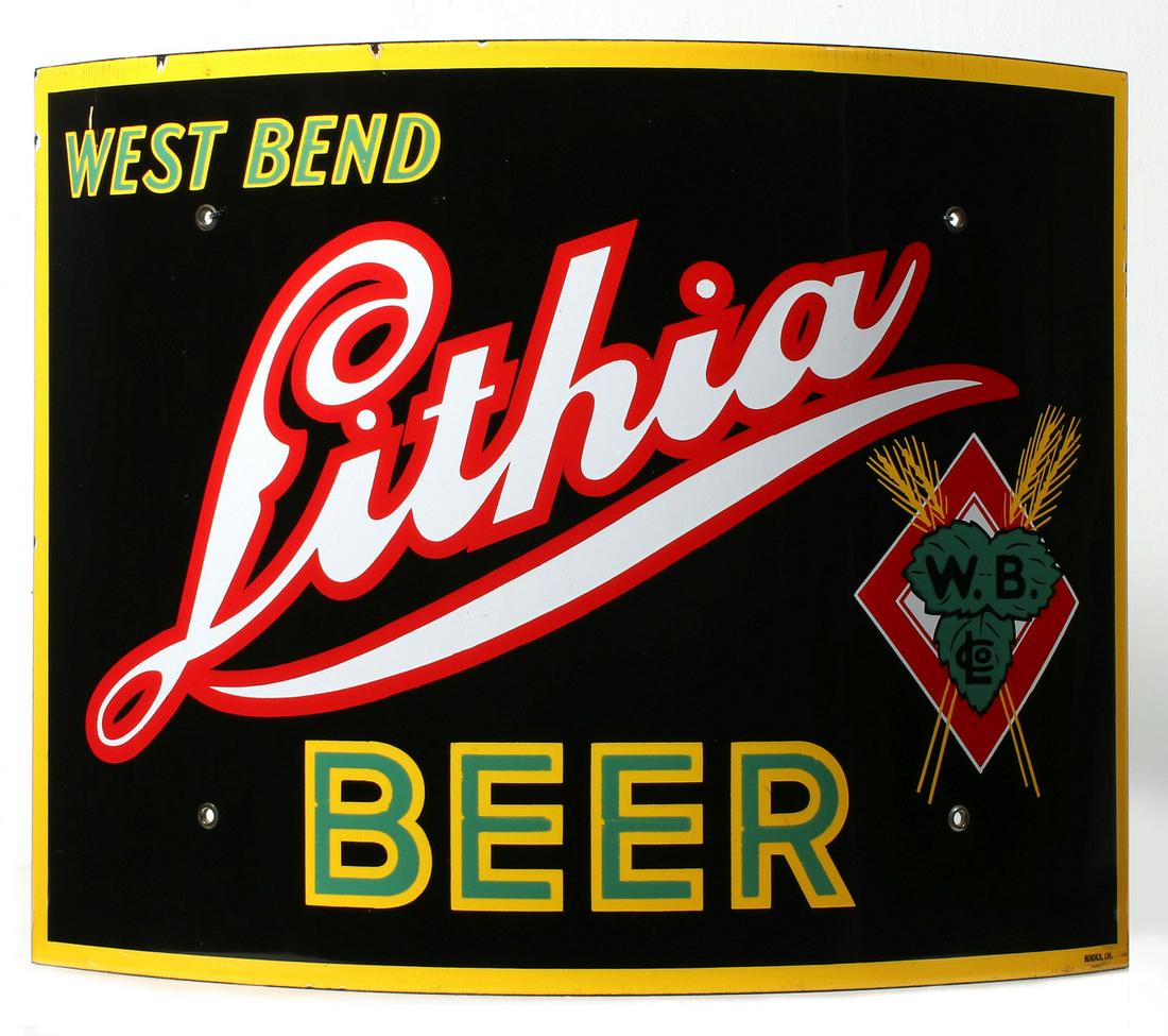For Auction: PORCELAIN ENAMEL CORNER SIGN FOR WEST BEND LITHIA BEER ...