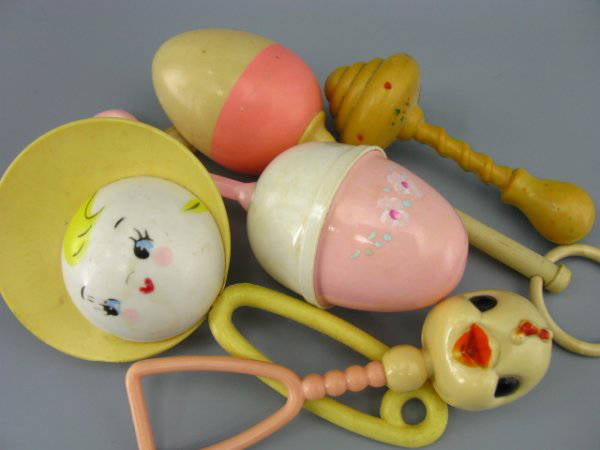 5 Vintage Plastic Baby Rattles Bird, Girl