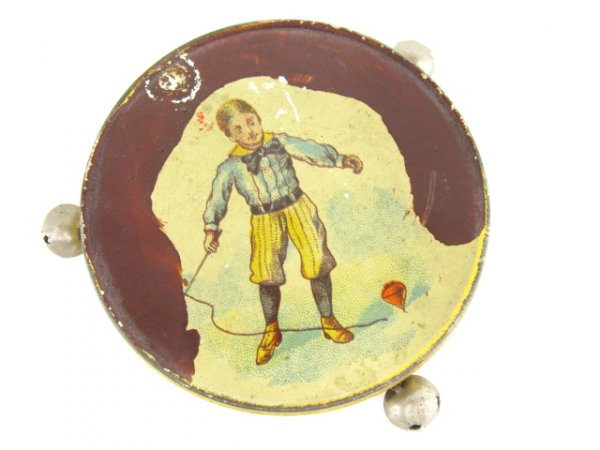 1651: TIN TAMBOURINE CANDY CONTAINER BOY WITH TOP