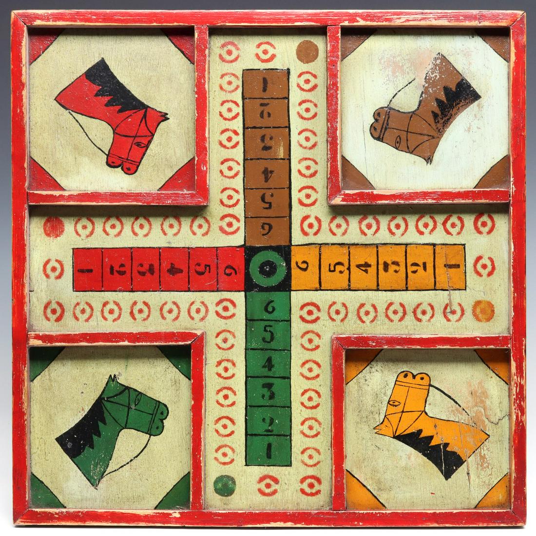 An Early 20th C Stenciled Parcheesi Board With Horses
