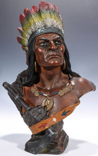 Early 20c. Polychrome Plaster Cigar Store Indian Bust Early 20c. Polychrome Plaster Cigar Store Indian Bust