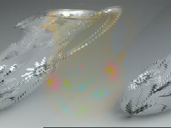 POMONA ART GLASS SMALL PITCHER WITH FLOWERS