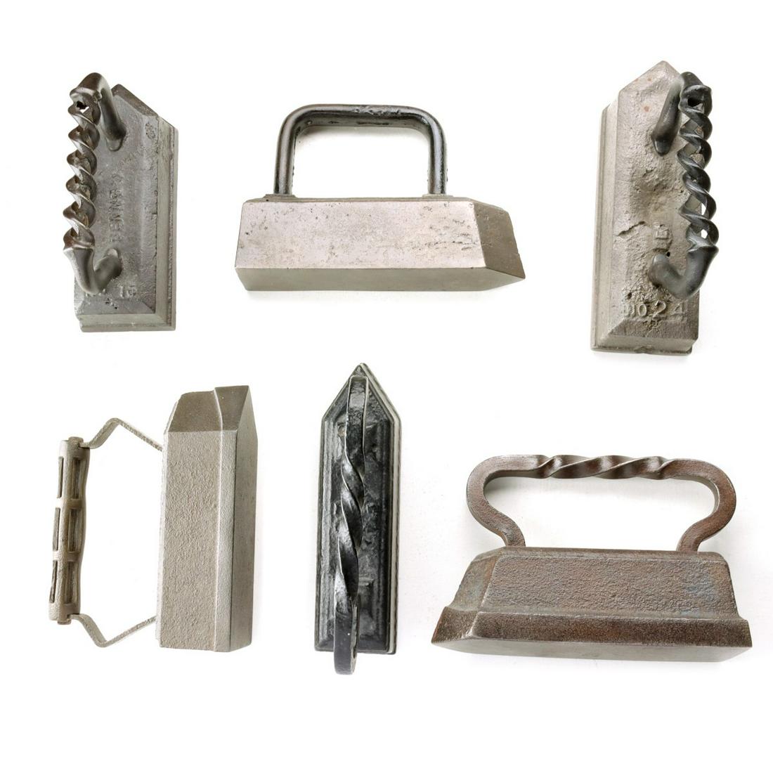 Six Large Antique Tailor Sad Irons With Unusual Handles