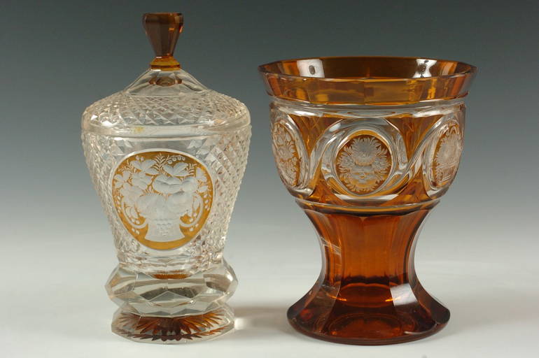 Two Pieces Of Cased Amber Cut To Clear Bohemian Glass