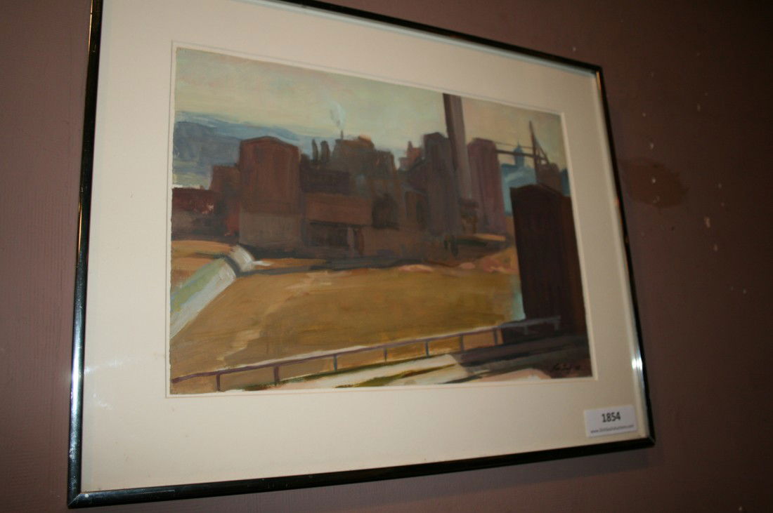 RON GRAFF KCAI ARTIST OIL ON MASONITE INDUSTRIAL SCENE