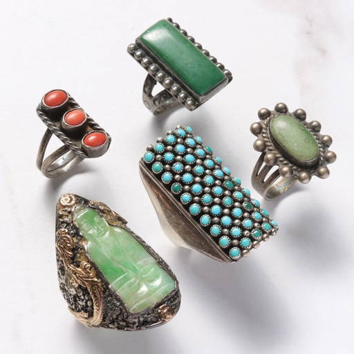 Navajo, Zuni And Chinese Rings With Jade, And Turquoise