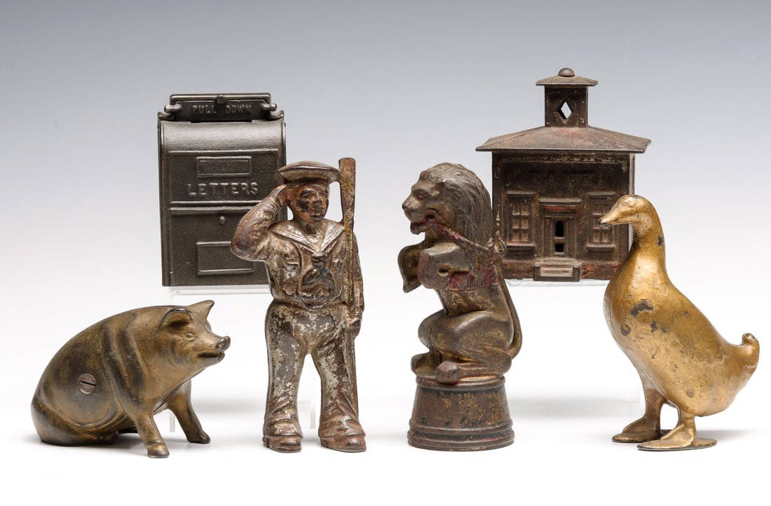 Six Antique Cast Iron Banks Auction