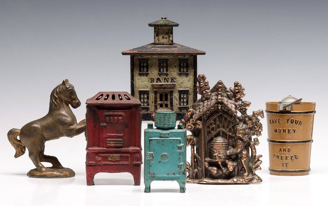 Four Antique Cast Iron Banks Auction
