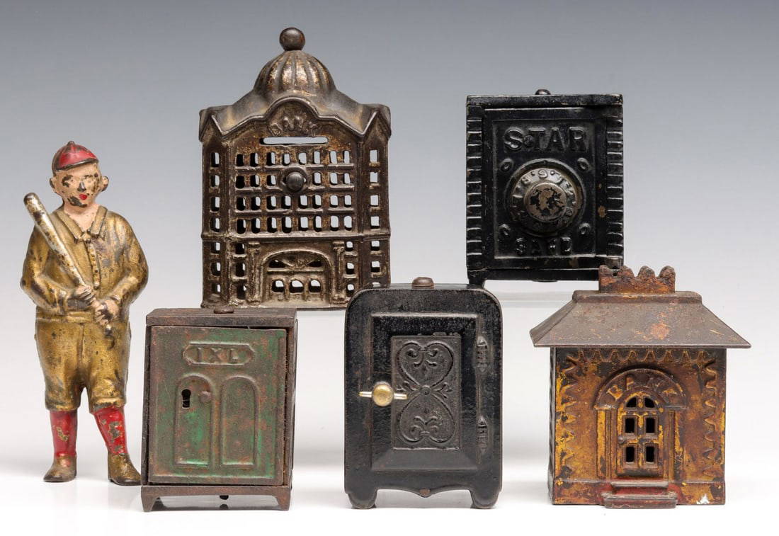 Six Antique Cast Iron Banks Including Baseball Player Auction