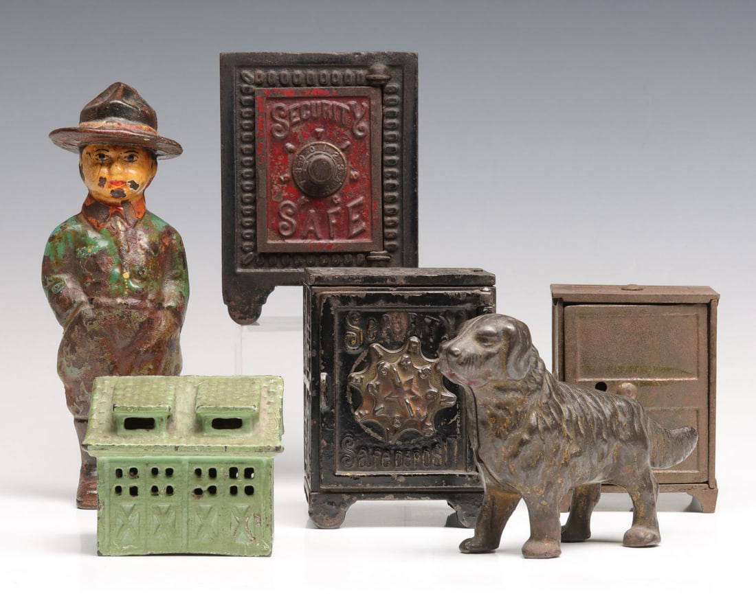 Six Antique Cast Iron Banks Auction