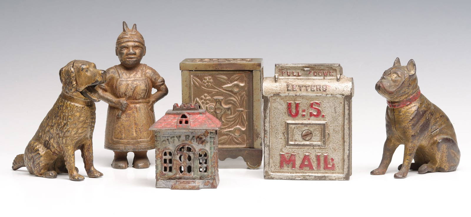 Six Antique Cast Iron Banks Including Stevens Auction