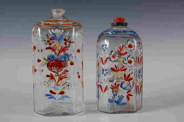 Two Stiegel Type Enamel Decorated Glass Bottles