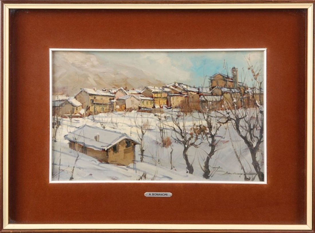 109: ARTURO BONANOMI (1920- ) OIL ON BOARD, 'NEVE NEL C